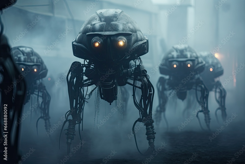 Aliens in the smoke, 3D Rendering, cyborg, hi-tech alien robots ...
