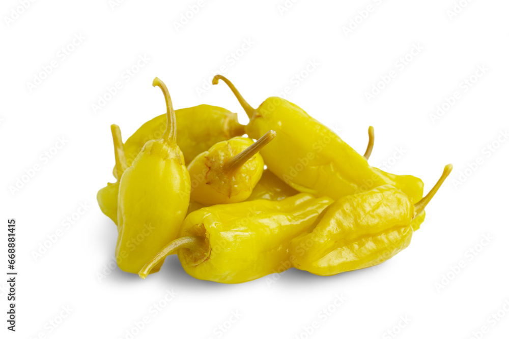 Pile of pickled yellow peppers, pepperoncini isolated on white ...