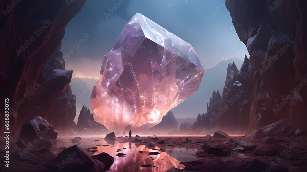 In the midst of a surreal and dreamlike realm, towering, massive ...