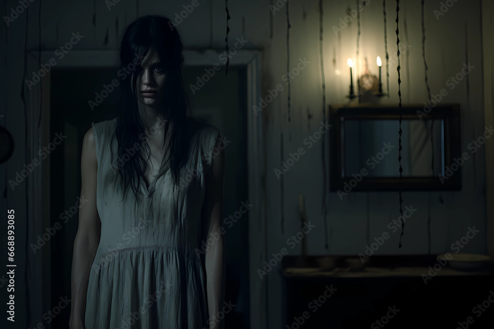 In a dimly lit and foreboding room, an unsettling scene unfolds as a ...