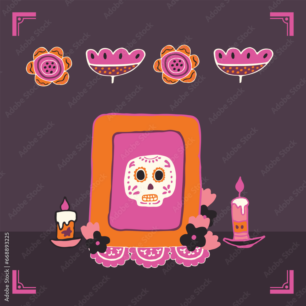 Mexico Dia de Los Muertos Altar with sugar skull and candles. Square ...