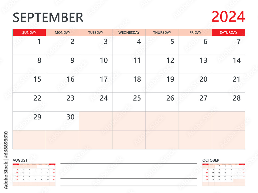 Calendar 2024 template vector on red background, September 2024 ...