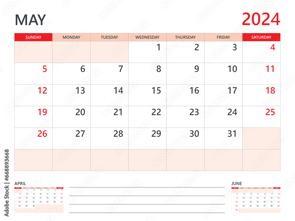 Calendar 2024 template vector on red background, May 2024 template ...