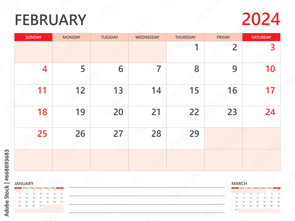 Calendar 2024 template vector on red background, February 2024 template ...