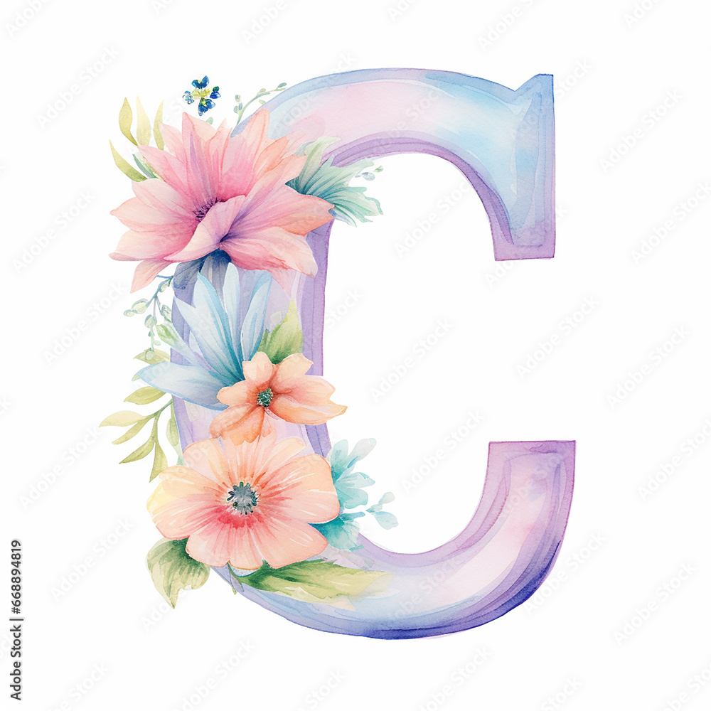 Letra maiúscula "C", estilo aquarela, vetor plano, bordas afiadas, sem ...