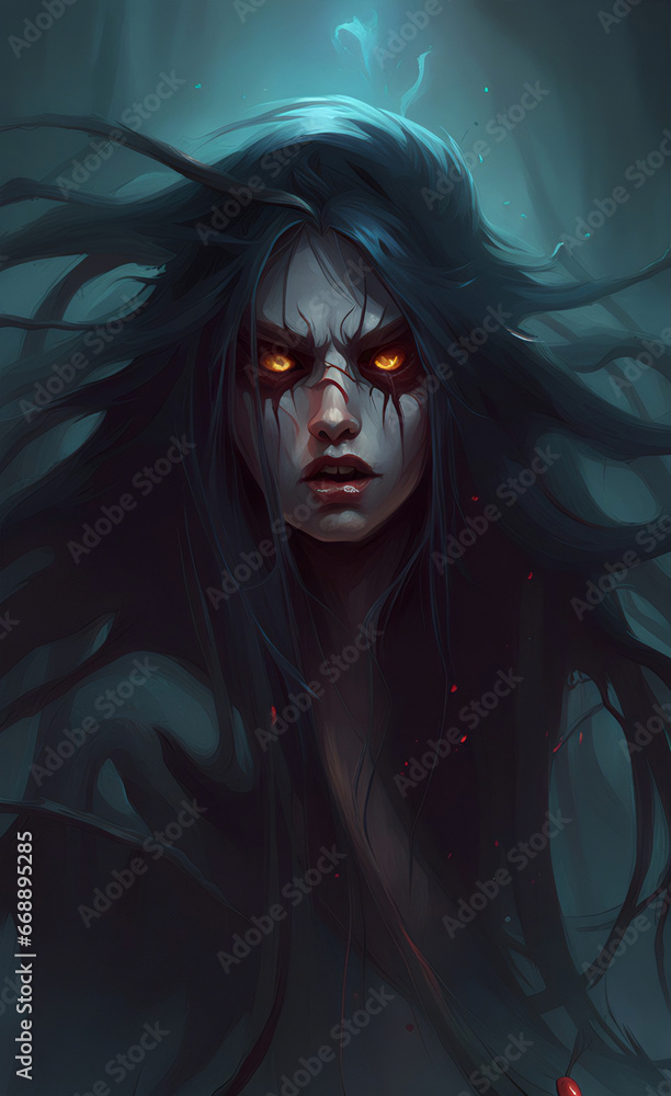 Terrifying female ghost with black hair in a dark forest. silhouette ...