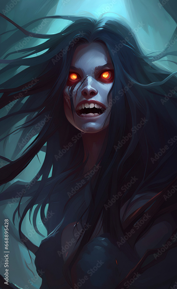 Terrifying female ghost with black hair in a dark forest. silhouette ...