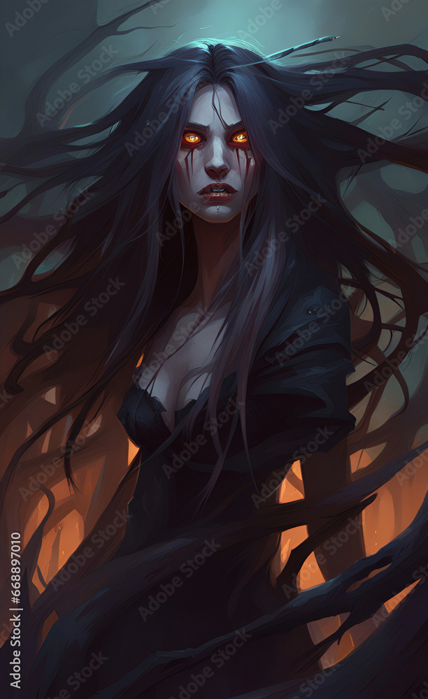 Terrifying female ghost with black hair in a dark forest. silhouette ...