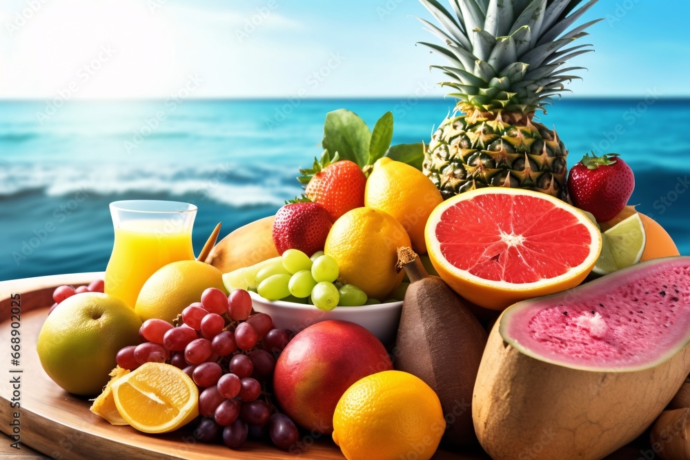 Tropical themed composition of exotic fruits. Tropical fruits against a ...