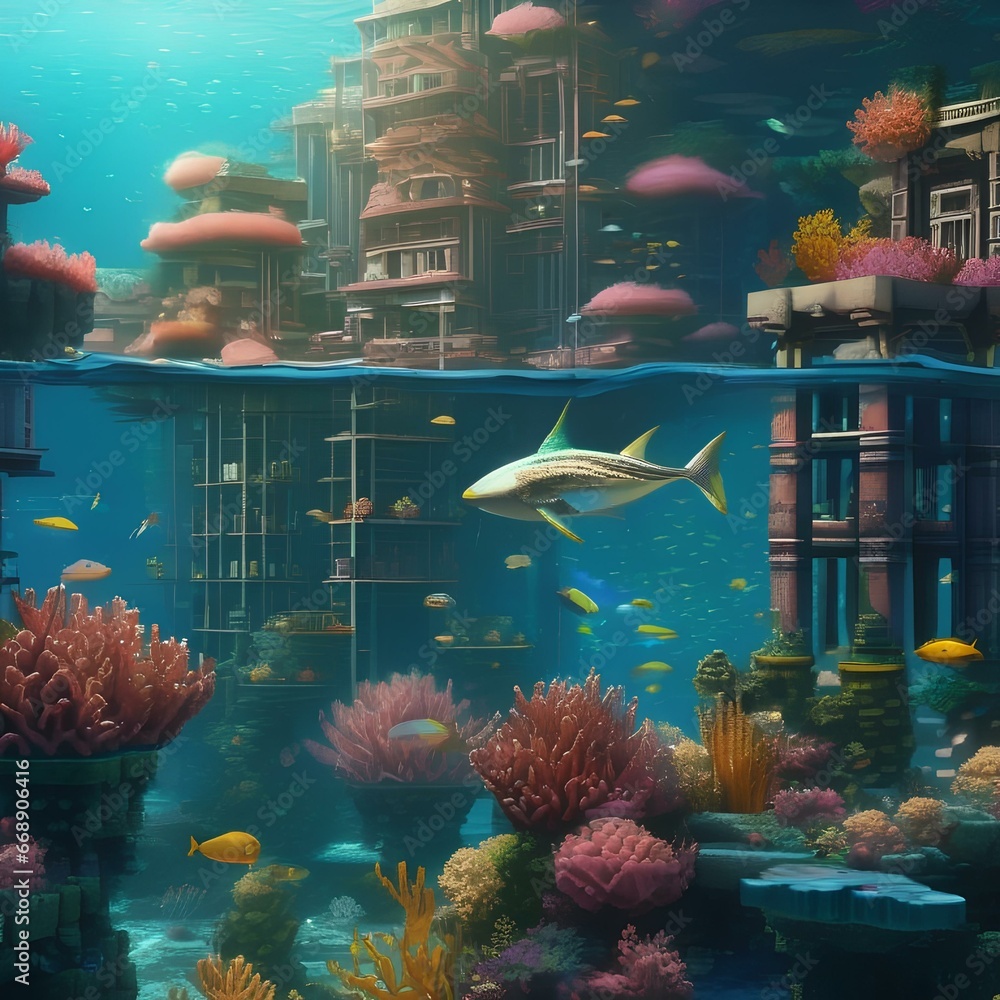 43 Illustrate a pixel art underwater city with merfolk and coral ...