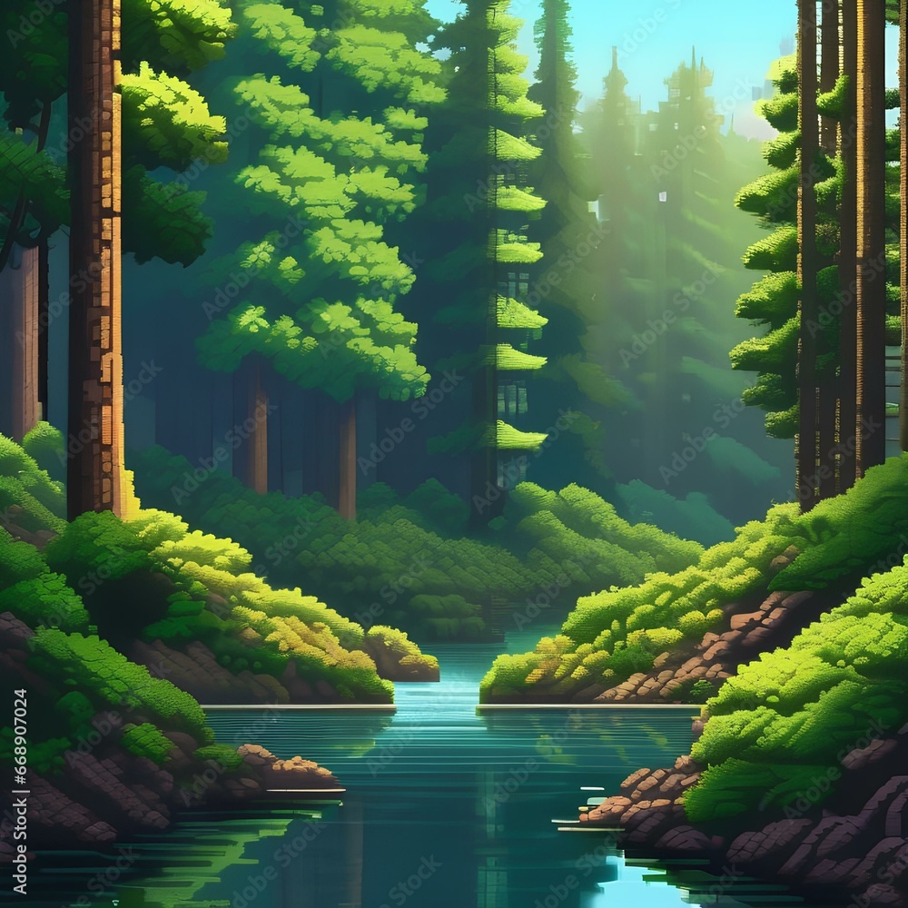 1 A pixel art representation of a serene 8-bit forest with tall trees ...