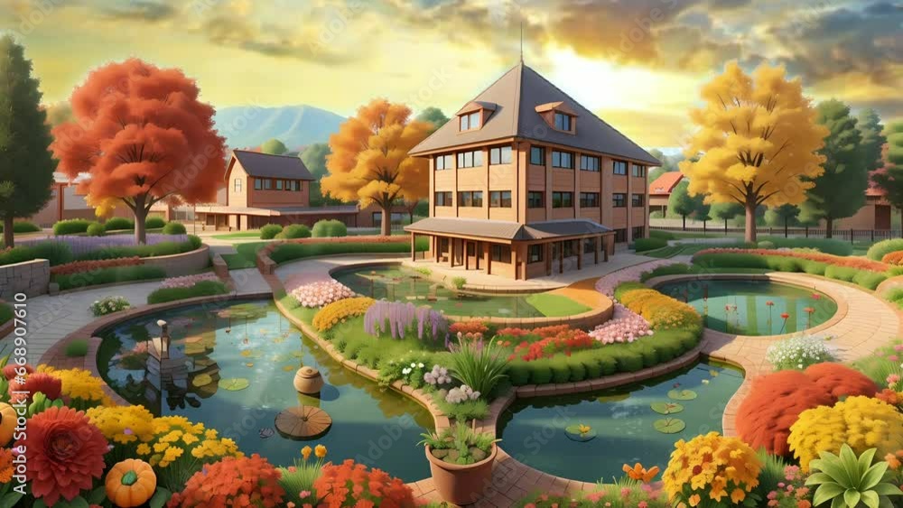fantasy school building with pond and flower garden panorama, Seamless ...