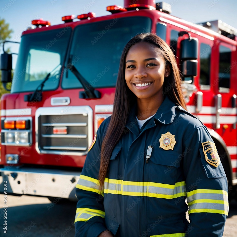 Fire fighter woman standing in front of a fire truck. Photo of a happy ...