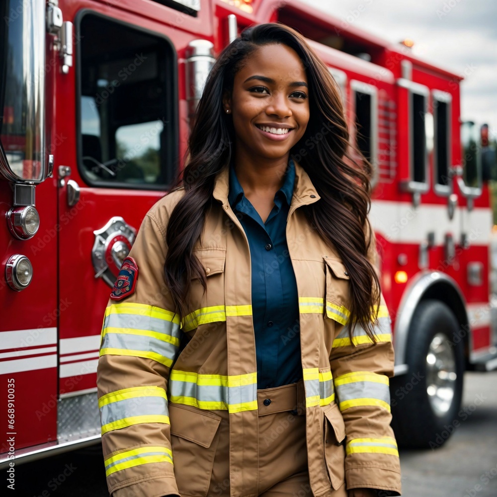 Fire fighter woman standing in front of a fire truck. Photo of a happy ...
