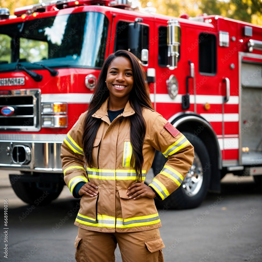 Fire fighter woman standing in front of a fire truck. Photo of a happy ...