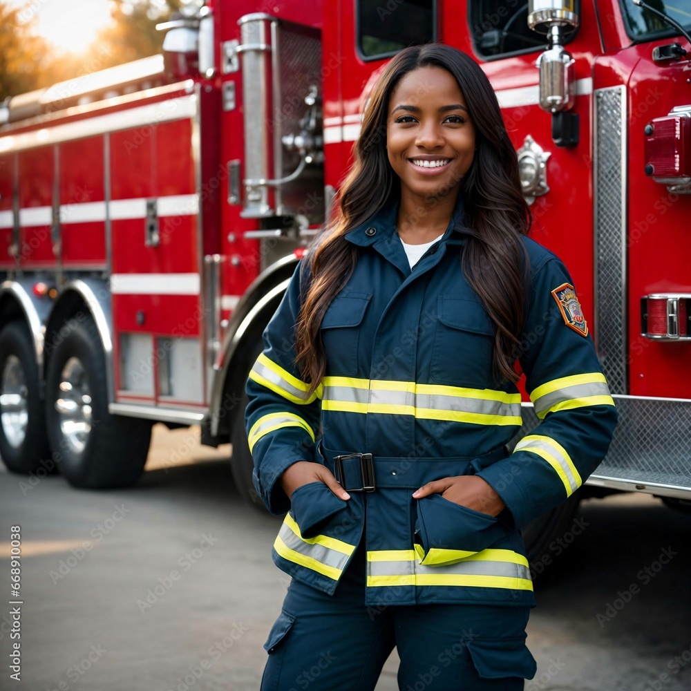 Fire fighter woman standing in front of a fire truck. Photo of a happy ...