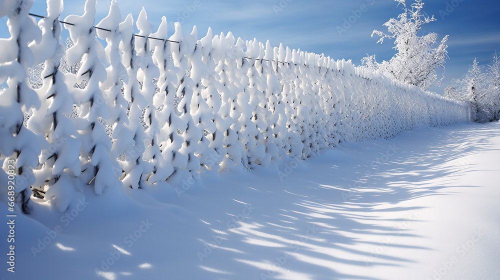 The frozen fence stands tall against the winter sky, its frosty ...