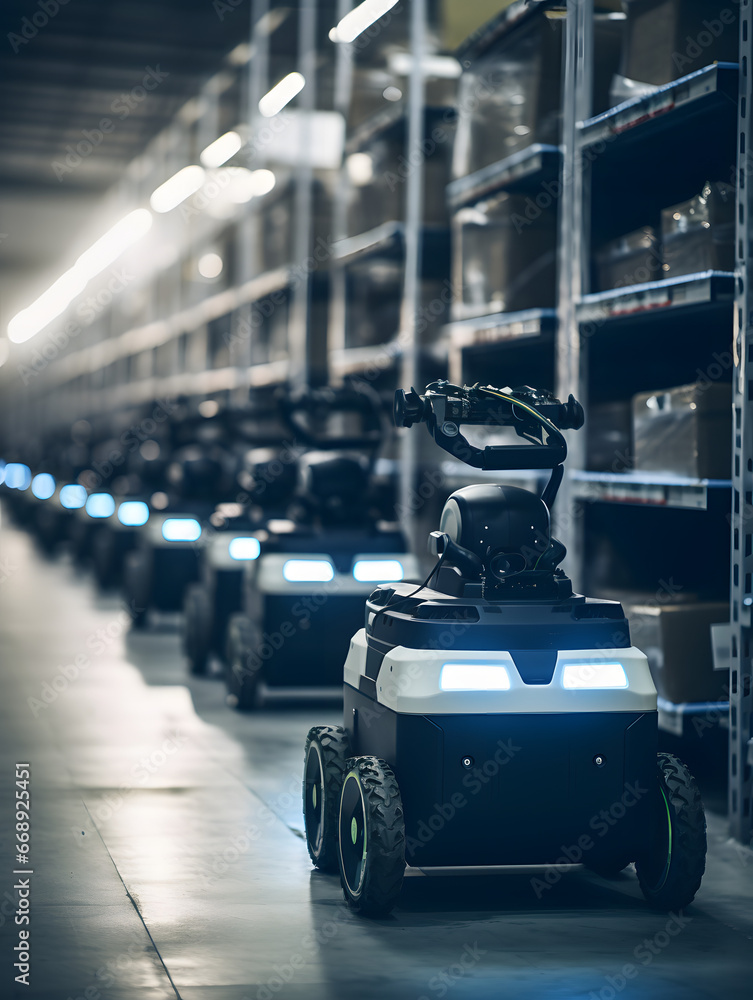 Autonomous robots in a factory warehouse, the future of industry, tech ...