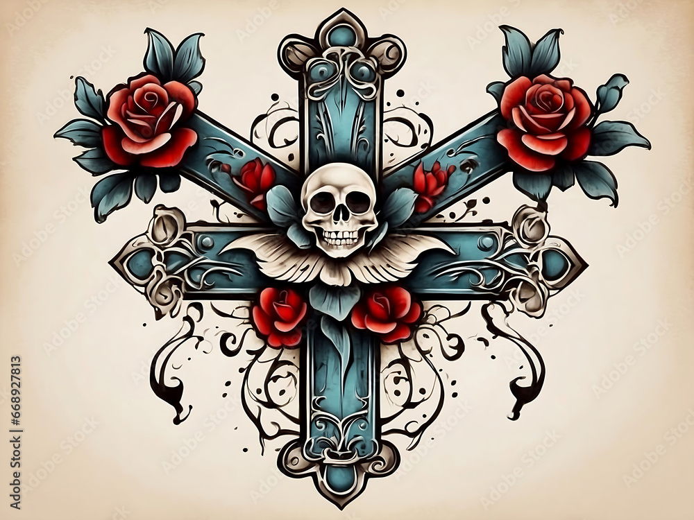 Vintage chicano cross shaped tattoo concept Stock Photo | Adobe Stock