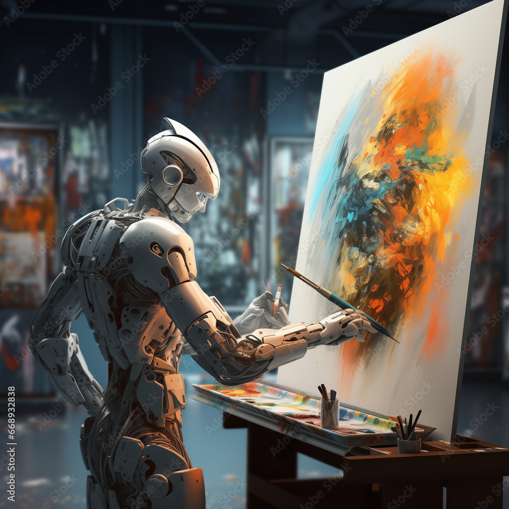 Close - up view Robot's hold brush and paint an oil painting on canvas ...