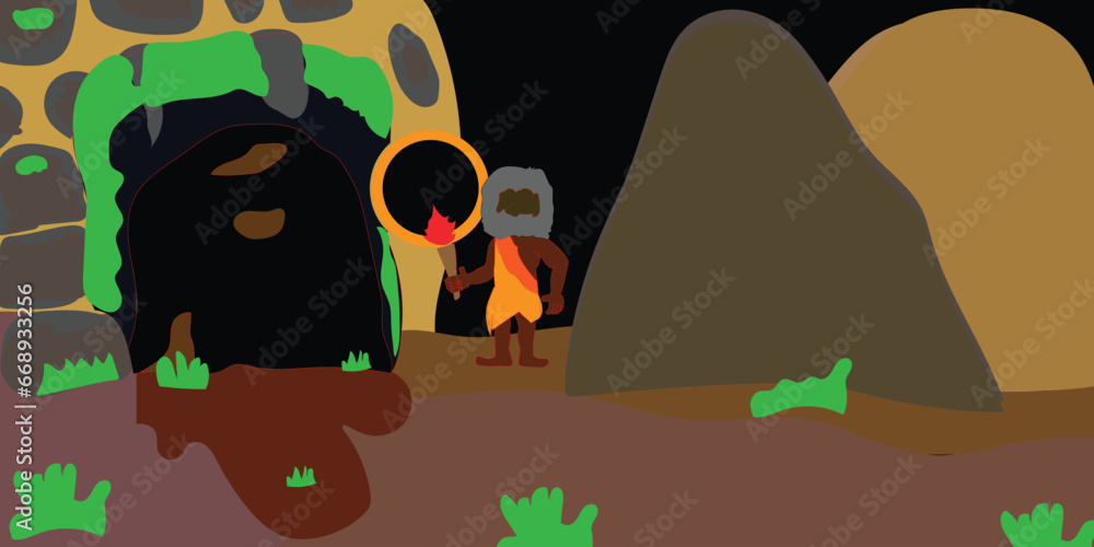 cartoon illustration of an ancient man heading into a dark cave using a ...