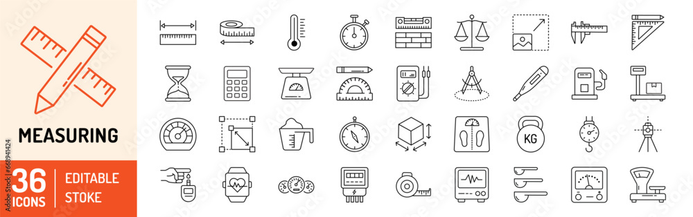 Measuring editable stroke outline Icons set. Ruler, measure ...