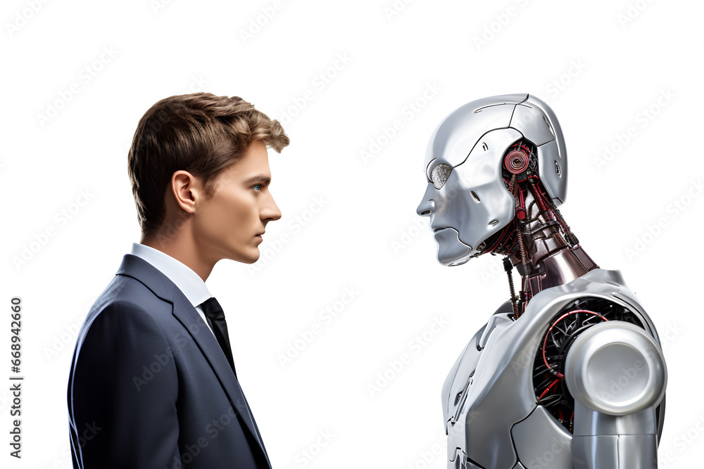 Man and AI robot look at each other. Concept of human and robot war in ...