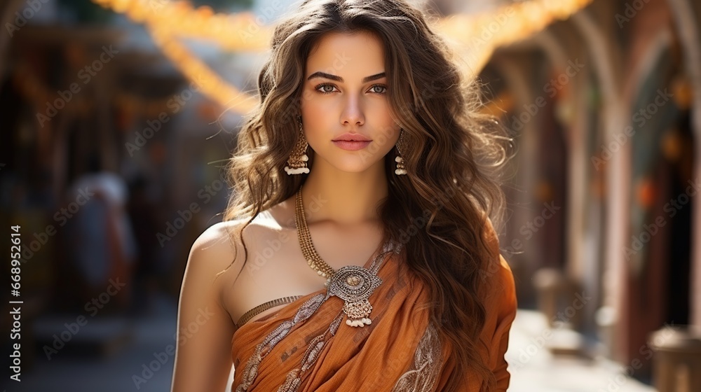 Beautiful Indian girl in traditional Indian sari on temple background ...
