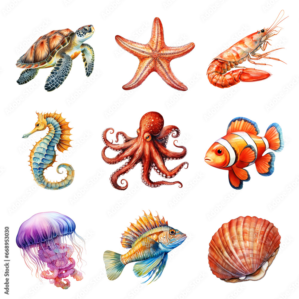 watercolor water animal set. set of clipart water animals. turtle ...