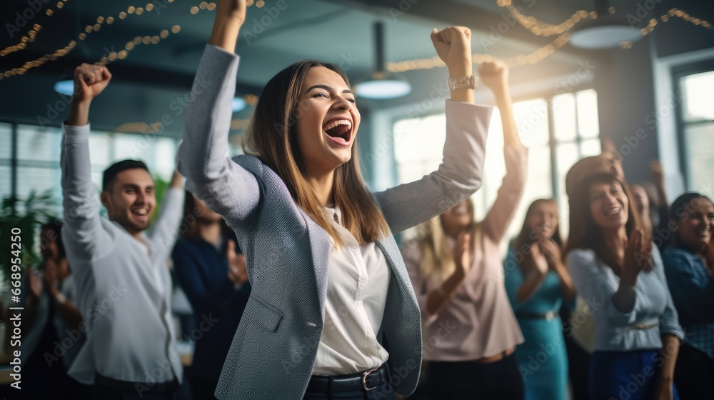 Group of business people and excited employees celebrate successful ...