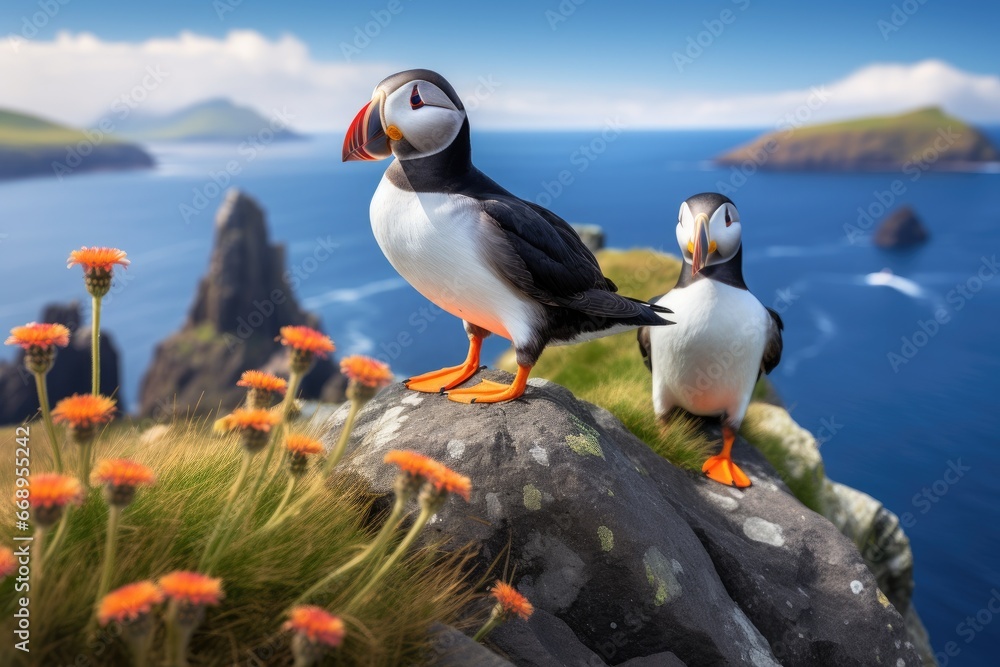 Puffins on the cliffs of Skomer island, Faroe Islands, Puffins sitting ...