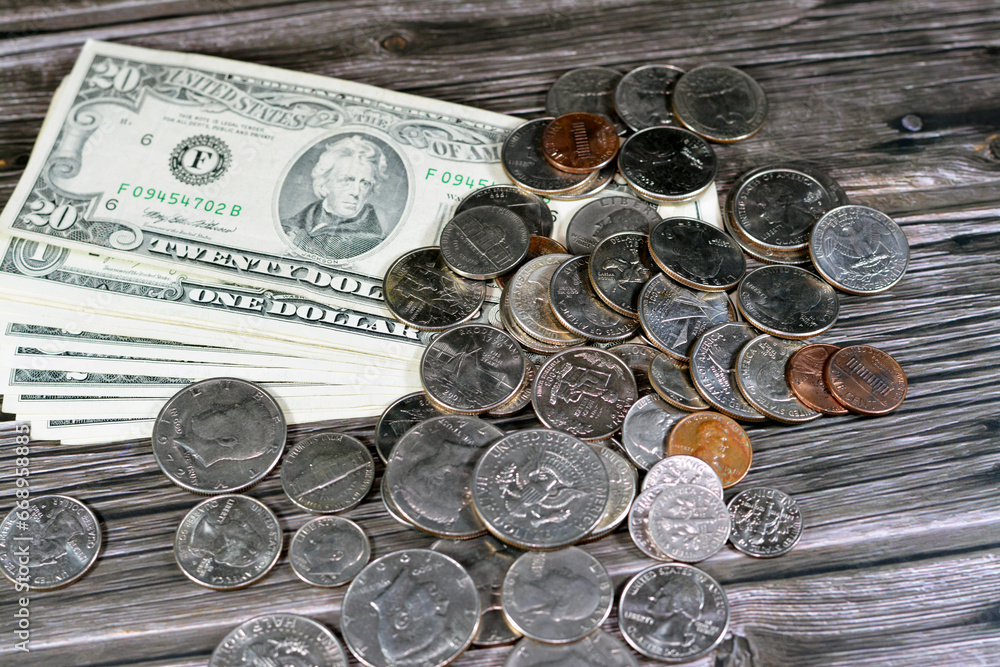 American USD old money dollars banknote bills and coins, vintage retro ...