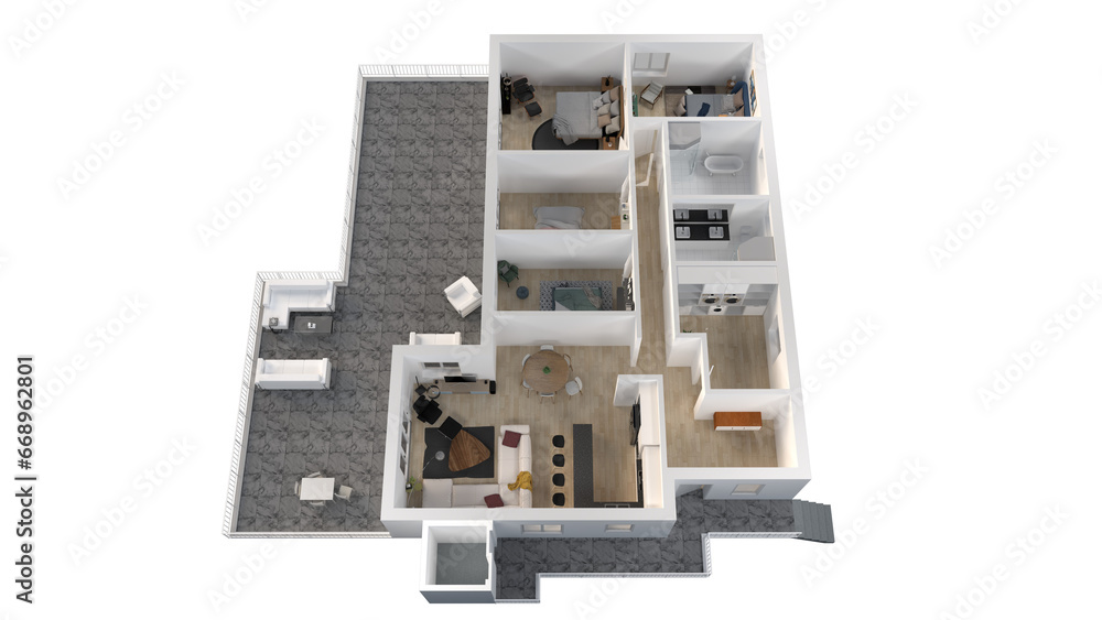 4 bedroom with beautiful trace view 3d floor plan rendering. Stock Illustration | Adobe Stock