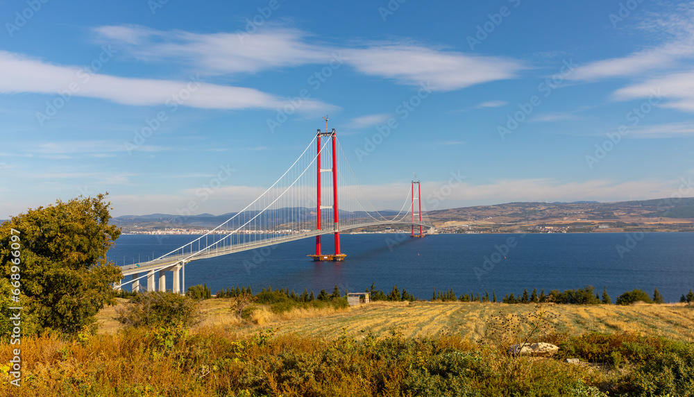 1915 Canakkale Bridge aerial view in Canakkale, Turkey. World's longest ...