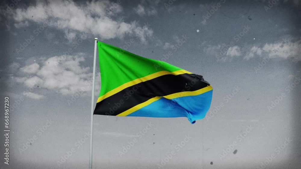 Tanzania flag waving in the wind on sky background with vignette ...