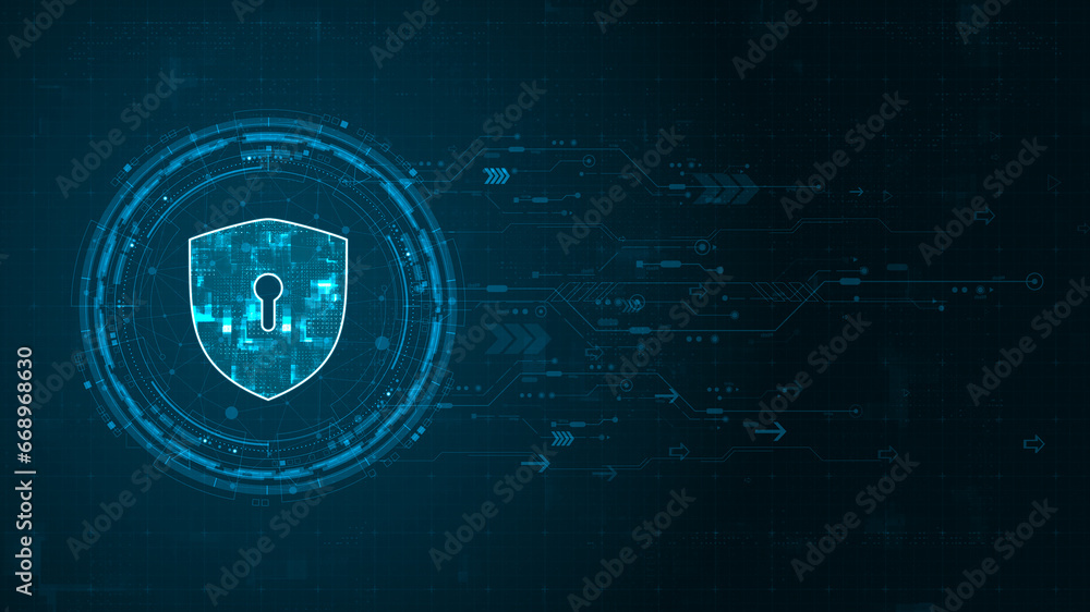 Blue digital security shield logo and circle futuristic HUD elements ...