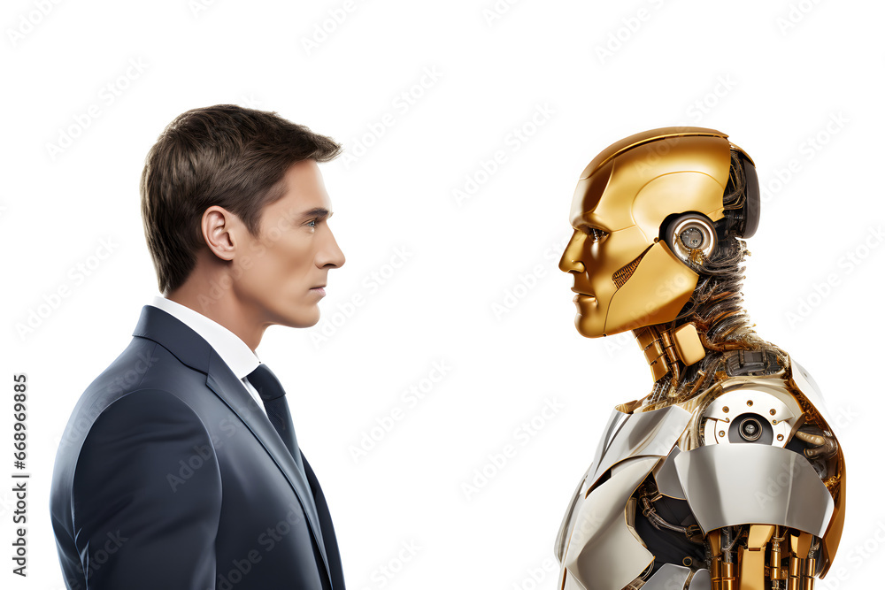 Man and AI robot look at each other. Concept of human and robot war in ...