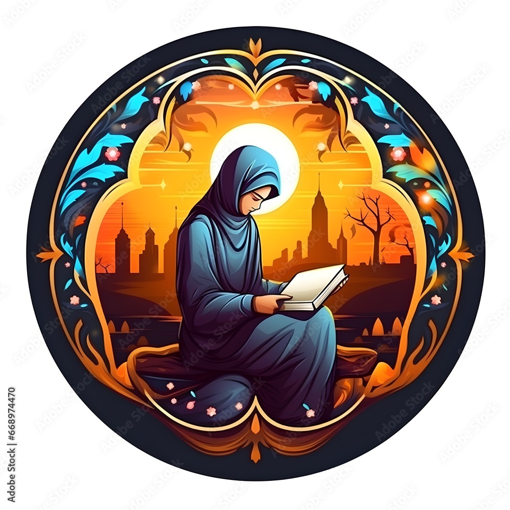 Islamic Woman Reading Quran With Circle Mosaik Design Illustration