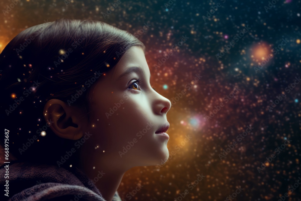 Little astronomer girl looking at starry sky. Kid exploring cosmic ...