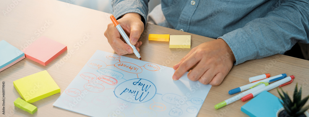 Skilled businessman brainstorms marketing ideas using mind maps ...