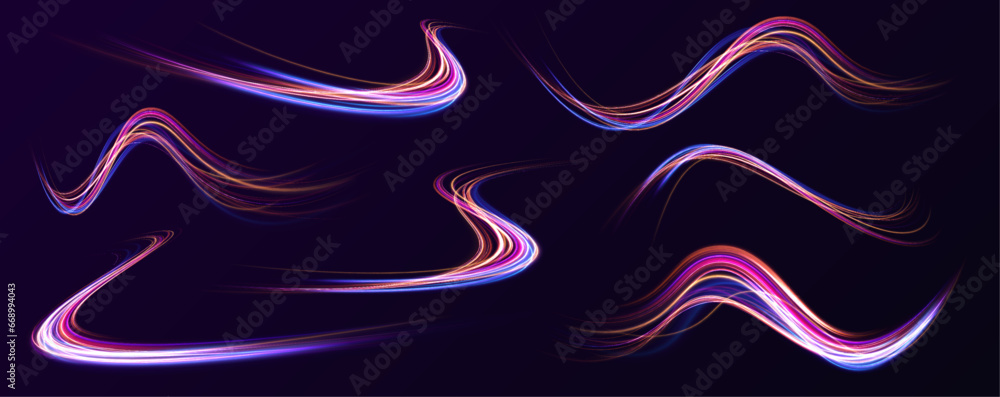 Neon swirls with light effect in the form of a spiral. Laser beams ...