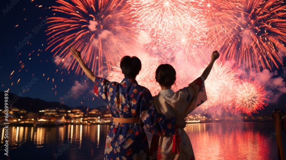 Silhouette of a Japanese couple in traditional Yukatas on a fireworks ...
