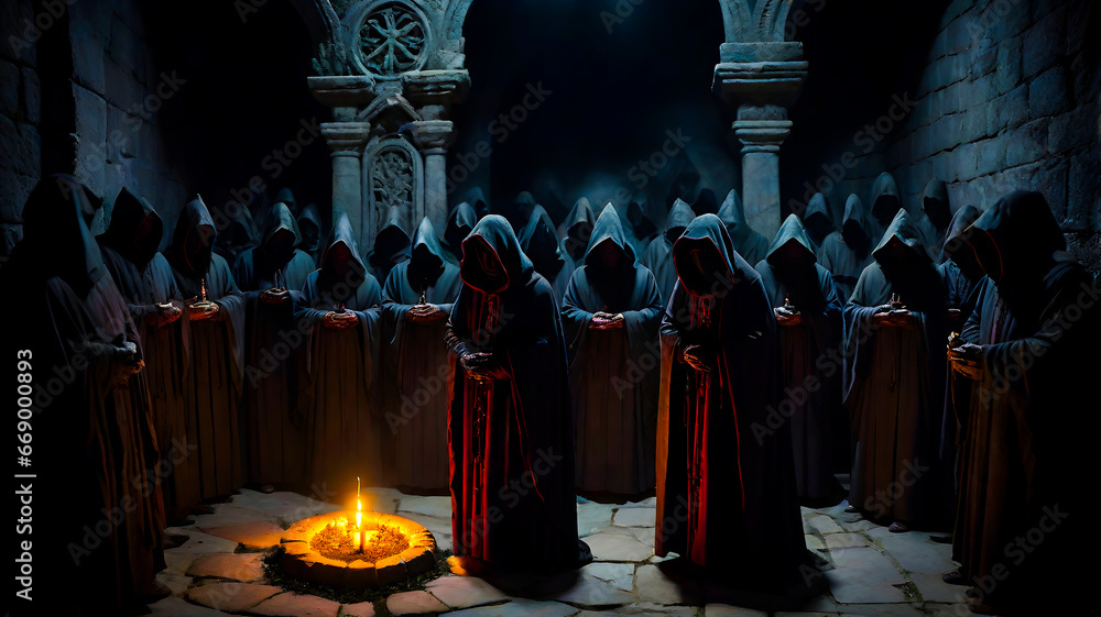 A hauntingly intense congregation of hooded figures, their fervent ...