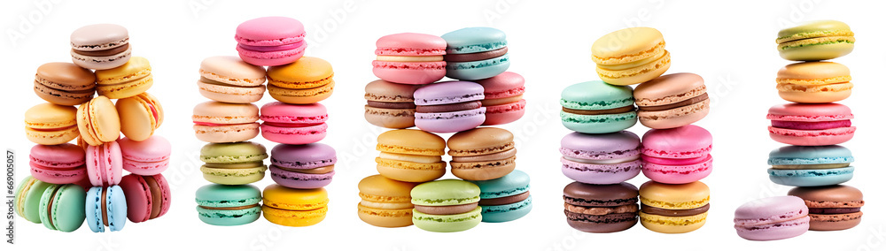 Macaroon Macaron, group stack tower front view on transparent ...