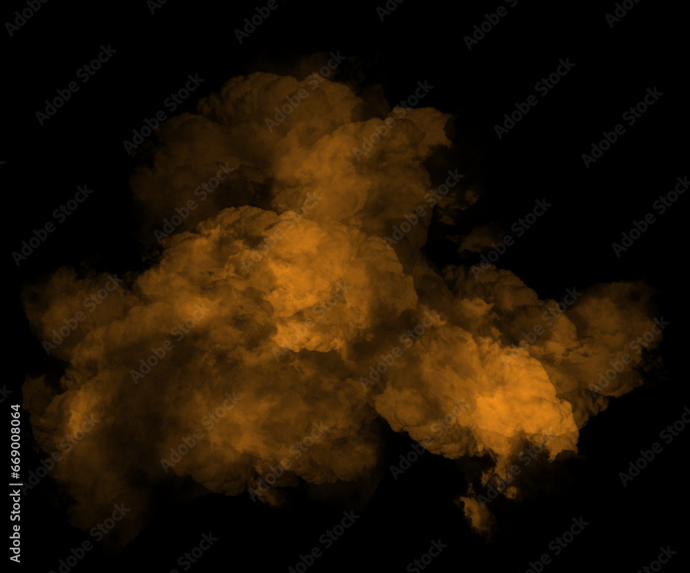 Abstract orange puffs of smoke swirl overlay on black background ...