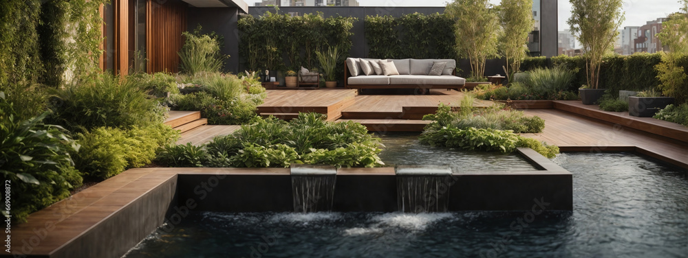 A modern rooftop garden comes alive with a sleek water feature and a ...