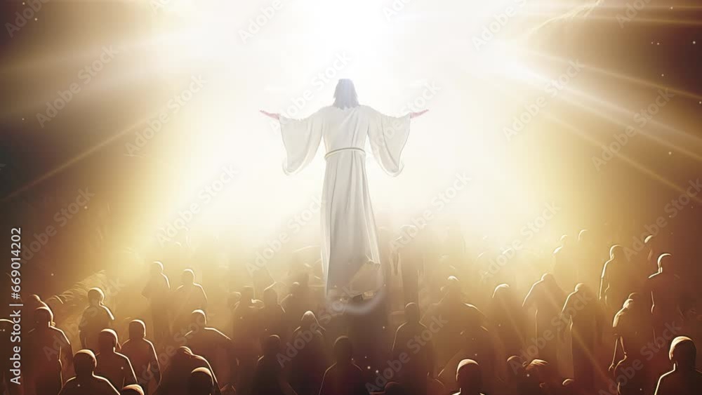 Animation of Jesus rising up to heaven in bright shining light, camera ...