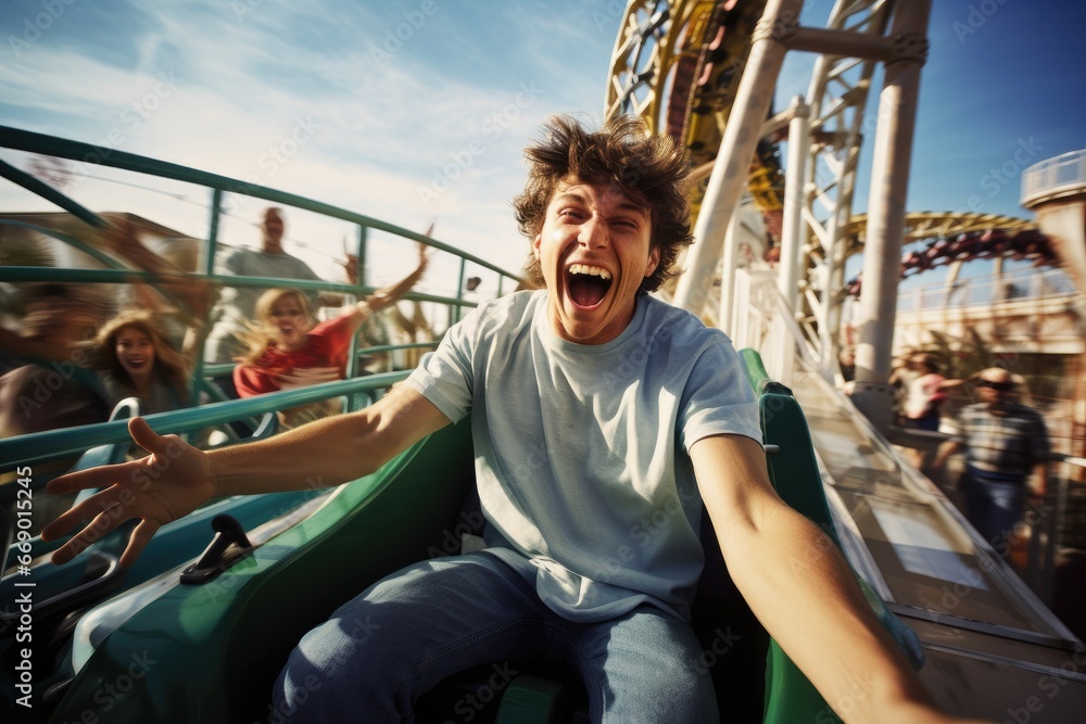 Jubilant young man at a theme park, laughing on a roller coaster ride ...