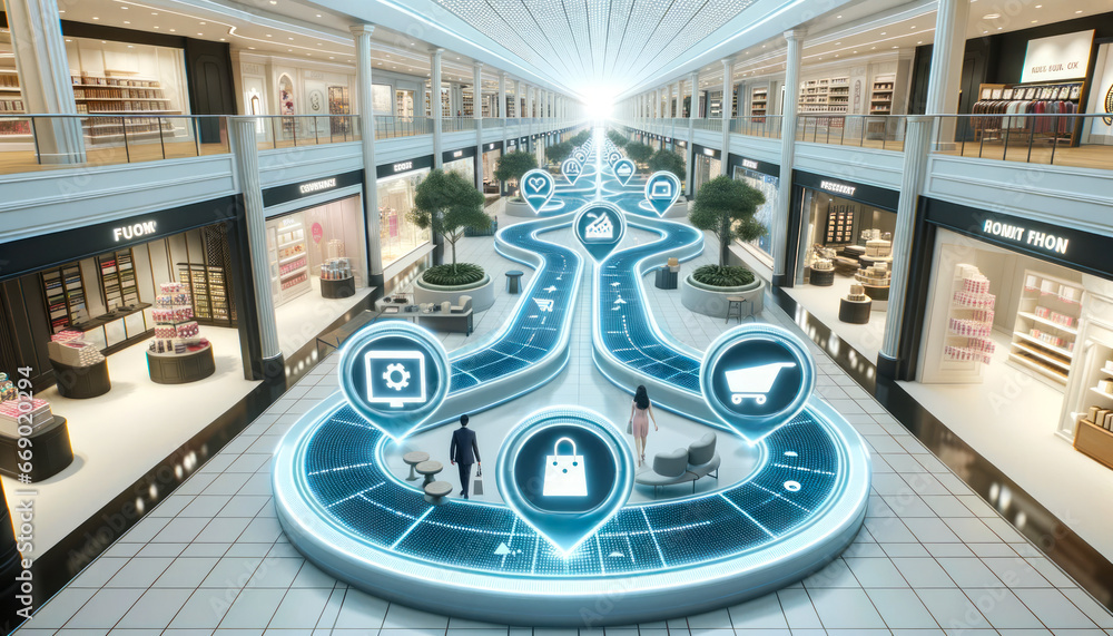 3D graphic of a modern shopping mall where holographic signs guide ...