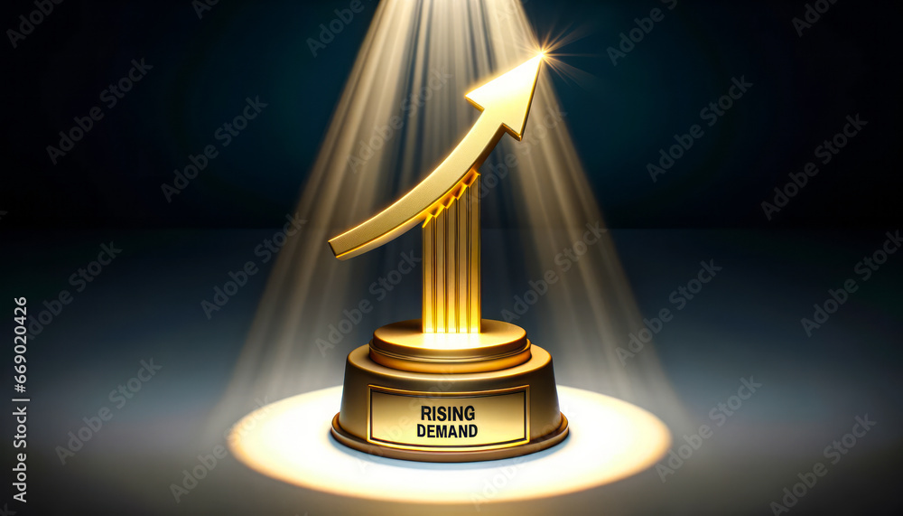 3D render of a spotlight focusing on a golden trophy shaped like a ...